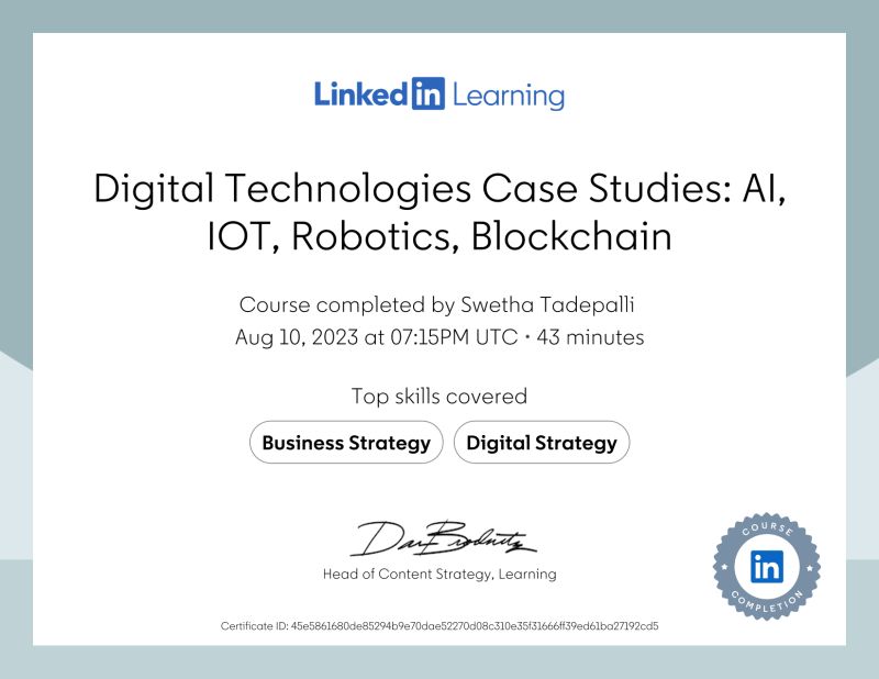 Swetha Tadepalli on LinkedIn: Certificate of Completion Swetha Tadepalli on LinkedIn: Certificate of Completion