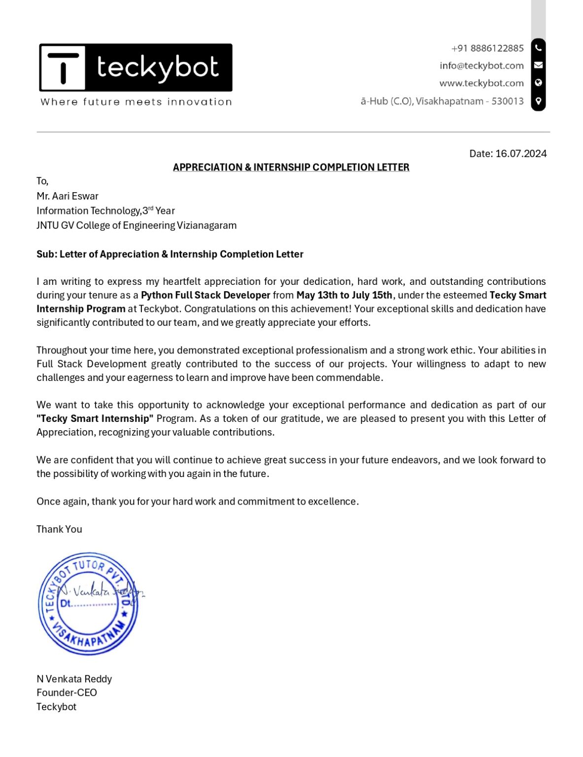 Aari Eswar on LinkedIn: #pythonfullstackdeveloper #teckybot #internship ... Aari Eswar on LinkedIn: #pythonfullstackdeveloper #teckybot #internship ...