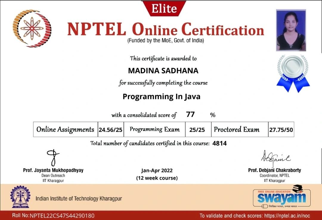 Sadhana Madina on LinkedIn: #java #programming #nptel #certification # ... Sadhana Madina on LinkedIn: #java #programming #nptel #certification # ...