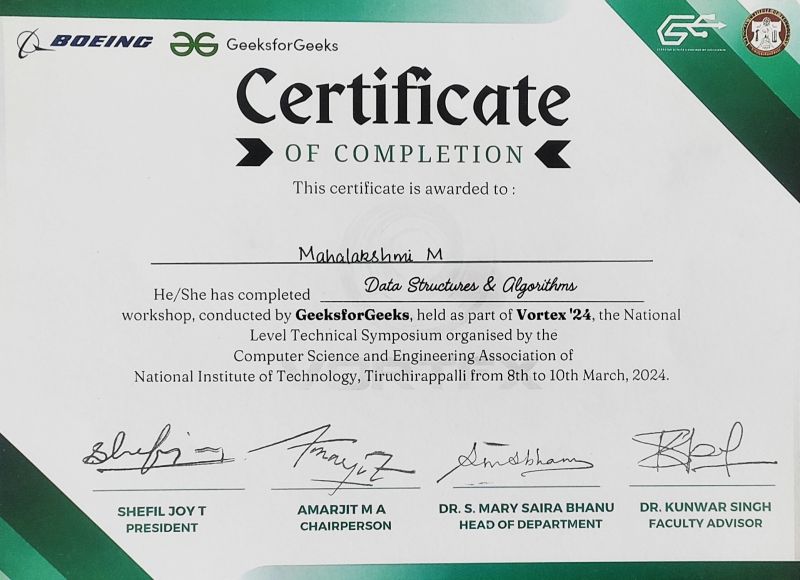 Finished Data Structures and Algorithms workshop at NIT | MAHALAKSHMI M ... Finished Data Structures and Algorithms workshop at NIT | MAHALAKSHMI M ...