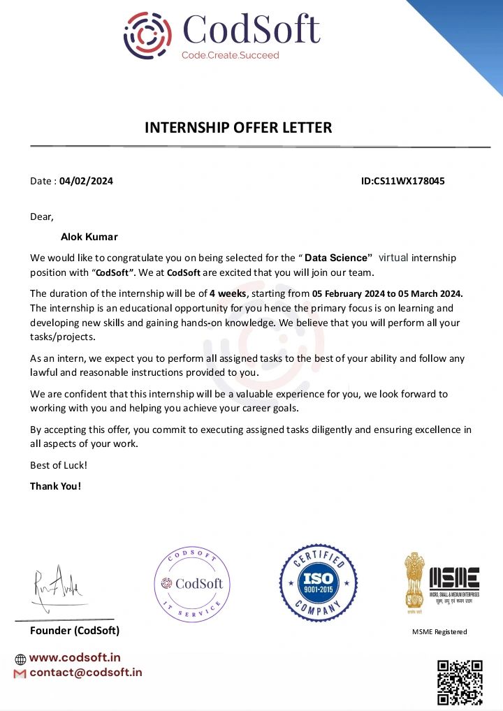 ALOK KUMAR on LinkedIn: #internship #codsoft ALOK KUMAR on LinkedIn: #internship #codsoft