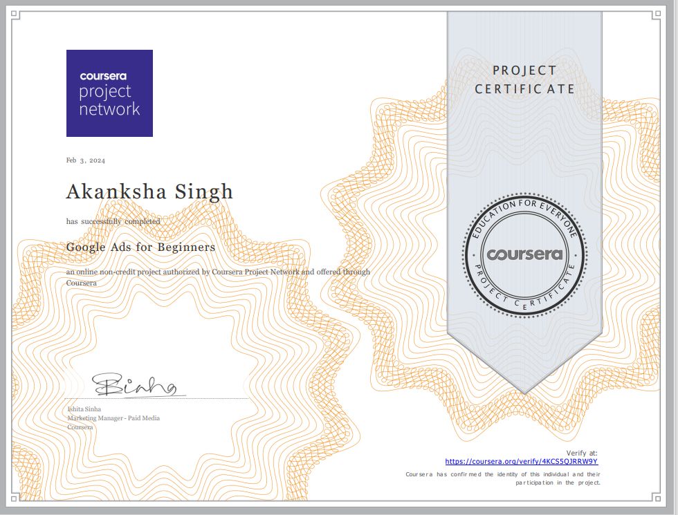 Akanksha Singh on LinkedIn: #googleads #digitalmarketing #coursera # ... Akanksha Singh on LinkedIn: #googleads #digitalmarketing #coursera # ...