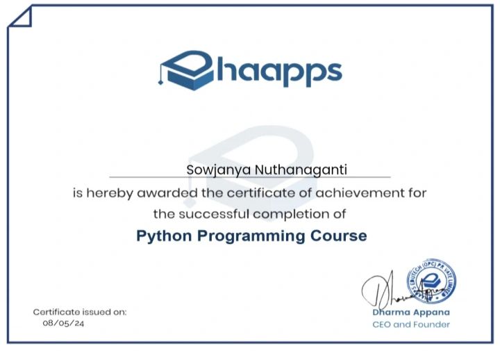 Sowjanya Nuthanaganti on LinkedIn: #python #certification #dhaapps Sowjanya Nuthanaganti on LinkedIn: #python #certification #dhaapps