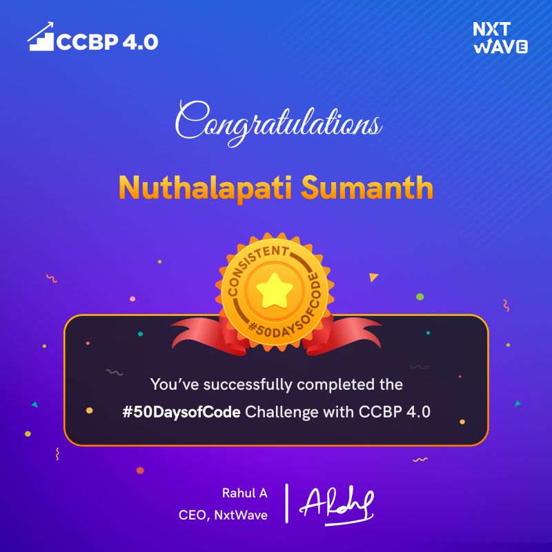 #50daysofcode #100daysofcode | Sumanth Nuthalapati #50daysofcode #100daysofcode | Sumanth Nuthalapati