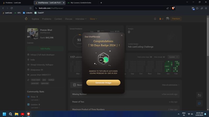 Today, I received Badge from LeetCode, for consistency.... | Pranav Bhat Today, I received Badge from LeetCode, for consistency.... | Pranav Bhat