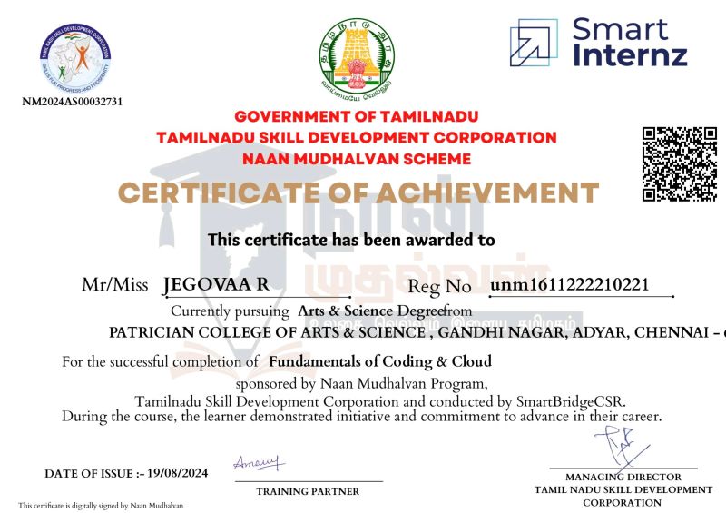 Jegovaa .R on LinkedIn: #naanmudhalvan #coding #cloudcomputing Jegovaa .R on LinkedIn: #naanmudhalvan #coding #cloudcomputing