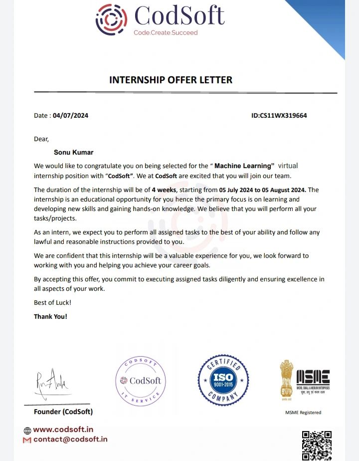 Sonu Kumar on LinkedIn: #internship #machinelearning #careergrowth #codsoft Sonu Kumar on LinkedIn: #internship #machinelearning #careergrowth #codsoft