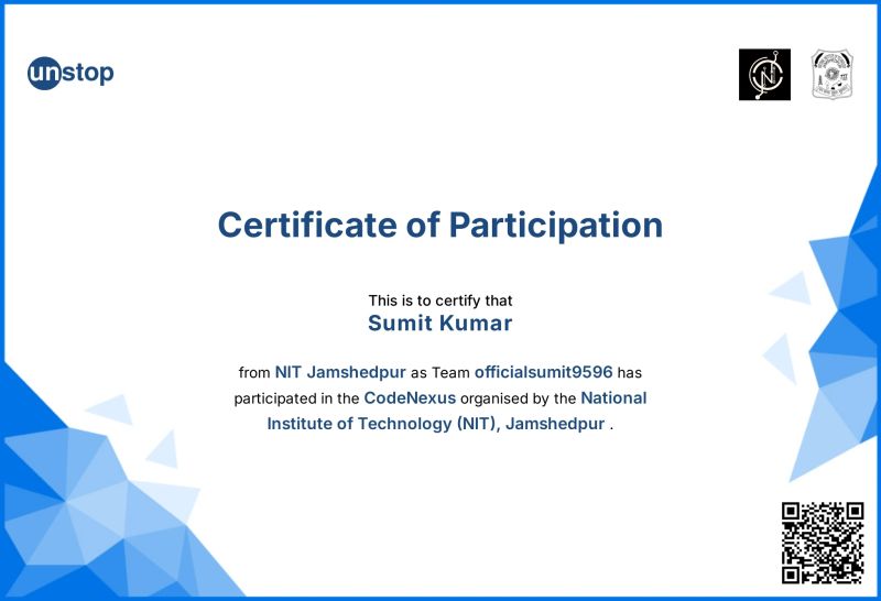 Sumit kumar on LinkedIn: #coding #achievement #codenexus #nitjamshedpur ... Sumit kumar on LinkedIn: #coding #achievement #codenexus #nitjamshedpur ...