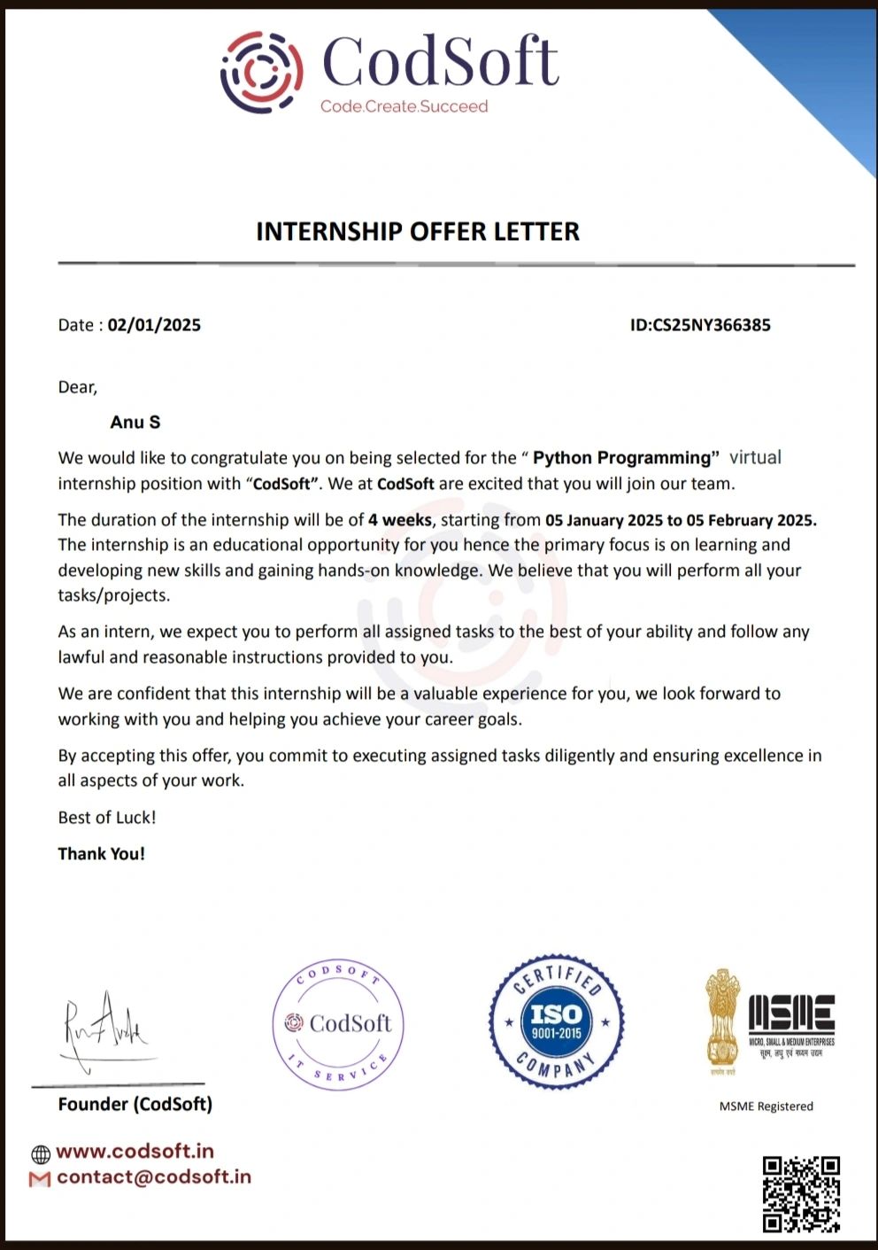 Anu Senthilkumar on LinkedIn: #codsoft #python #internshipjourney Anu Senthilkumar on LinkedIn: #codsoft #python #internshipjourney