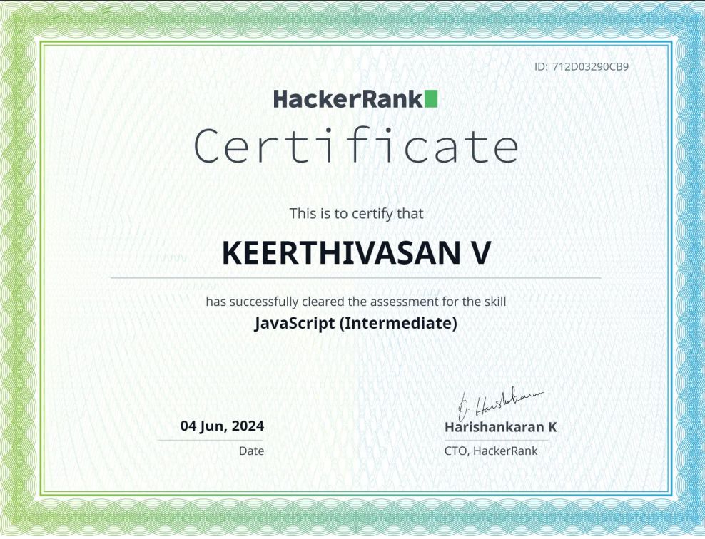 Keerthi Vasan V on LinkedIn: #javascript #certification #hackerrank # ... Keerthi Vasan V on LinkedIn: #javascript #certification #hackerrank # ...