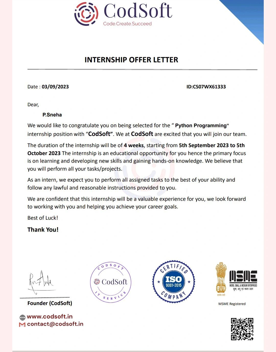 P Sneha on LinkedIn: #codsoft P Sneha on LinkedIn: #codsoft
