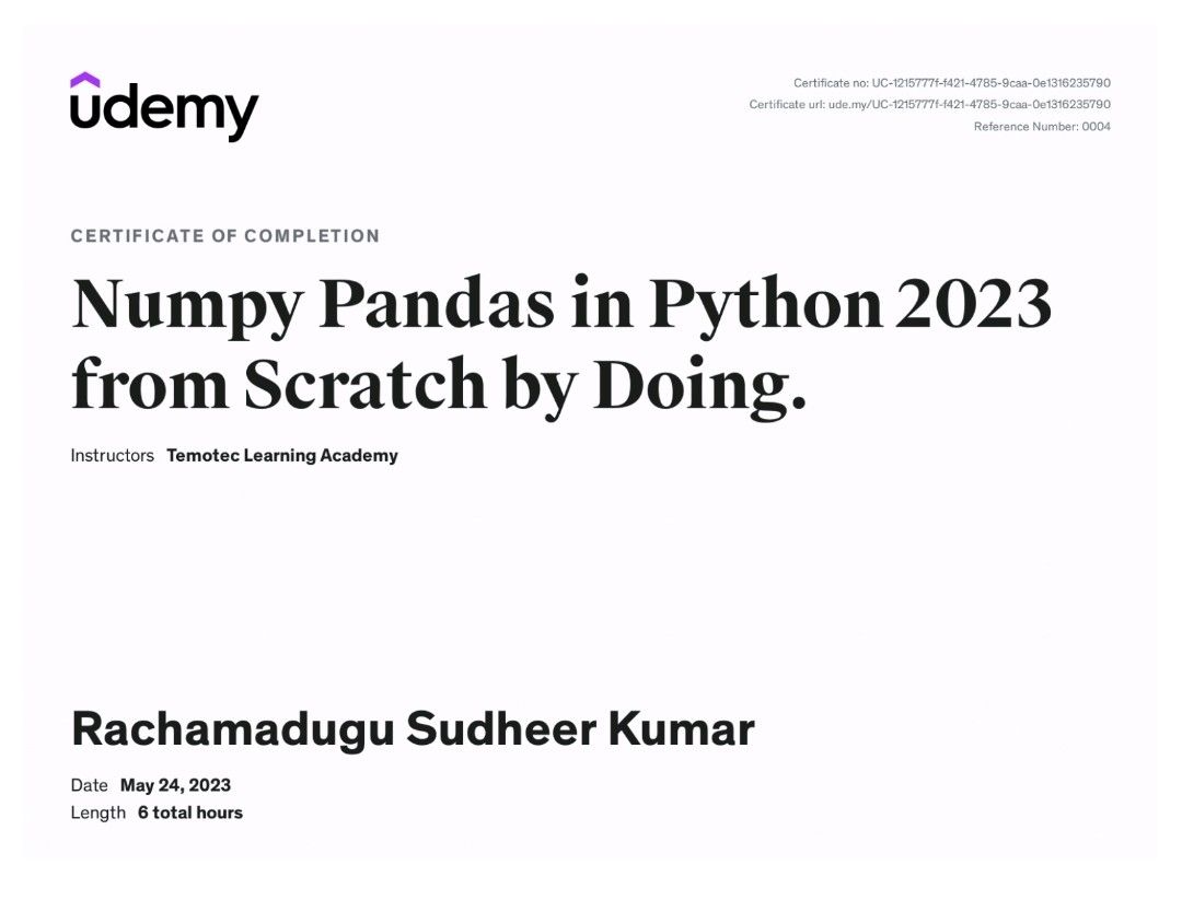 Rachamadugu Sudheer kumar on LinkedIn: I have completed numpy and ... Rachamadugu Sudheer kumar on LinkedIn: I have completed numpy and ...