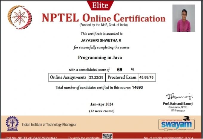 Completed Java programming course at IIT Kharagpur | Jayashri Shwetha R ... Completed Java programming course at IIT Kharagpur | Jayashri Shwetha R ...