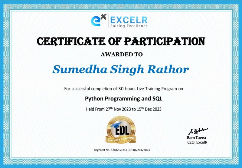 Learned Python and SQL with ExcelR | Sumedha Singh Rathor posted on the ... Learned Python and SQL with ExcelR | Sumedha Singh Rathor posted on the ...