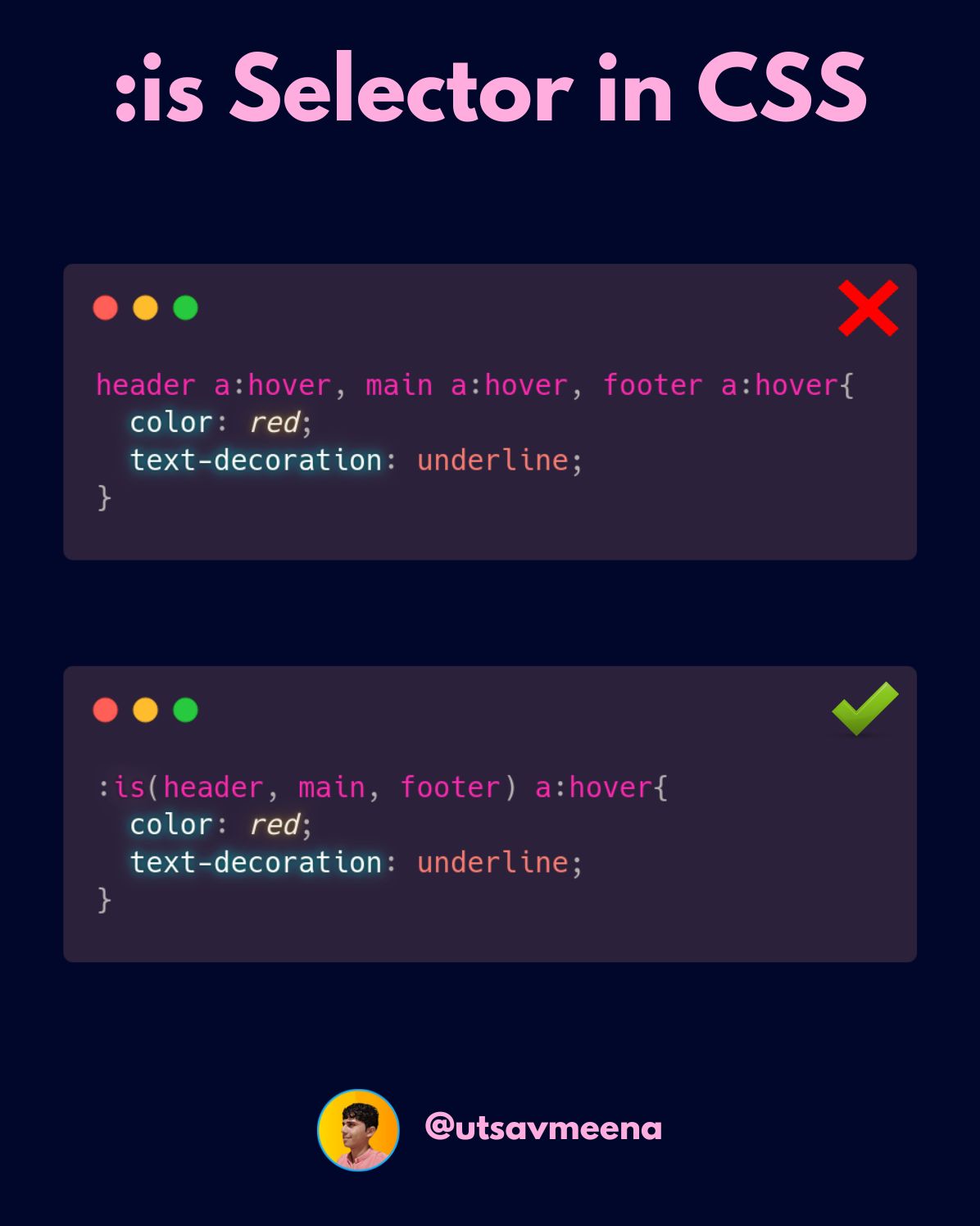 Utsav Meena on LinkedIn: 💡 CSS Tip: Simplify Your Selectors with :is ... Utsav Meena on LinkedIn: 💡 CSS Tip: Simplify Your Selectors with :is ...
