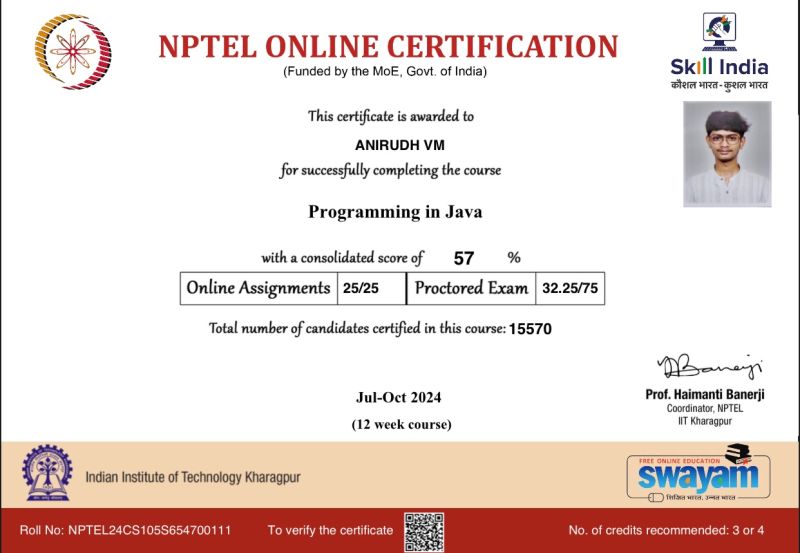 Anirudh V M on LinkedIn: #javaprogramming #nptel #certification # ... Anirudh V M on LinkedIn: #javaprogramming #nptel #certification # ...