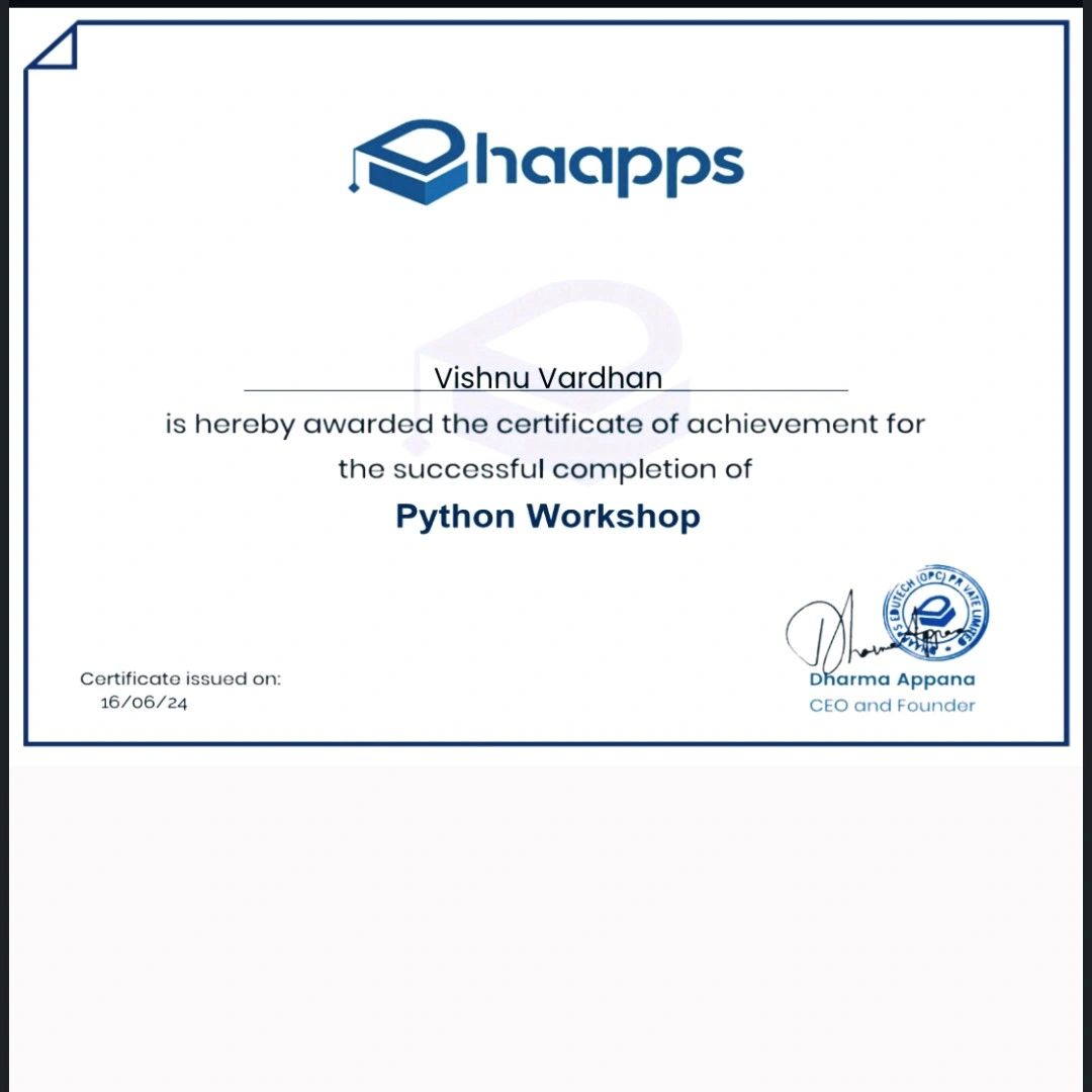 Completed a Python course on Dhaapps! | Vishnu Vardhan posted on the ... Completed a Python course on Dhaapps! | Vishnu Vardhan posted on the ...