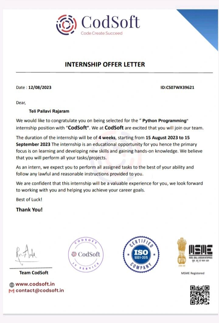 Pallavi Teli on LinkedIn: #pythonprogramming #codsoft Pallavi Teli on LinkedIn: #pythonprogramming #codsoft
