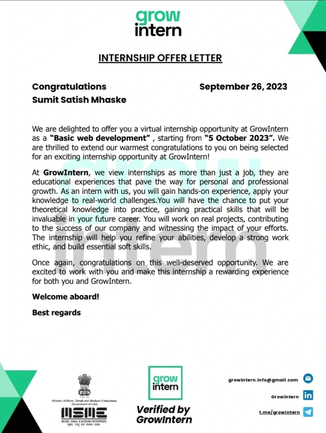one more exciting opportunity received from grow intern🎉😍. | Sumit Mhaske one more exciting opportunity received from grow intern🎉😍. | Sumit Mhaske