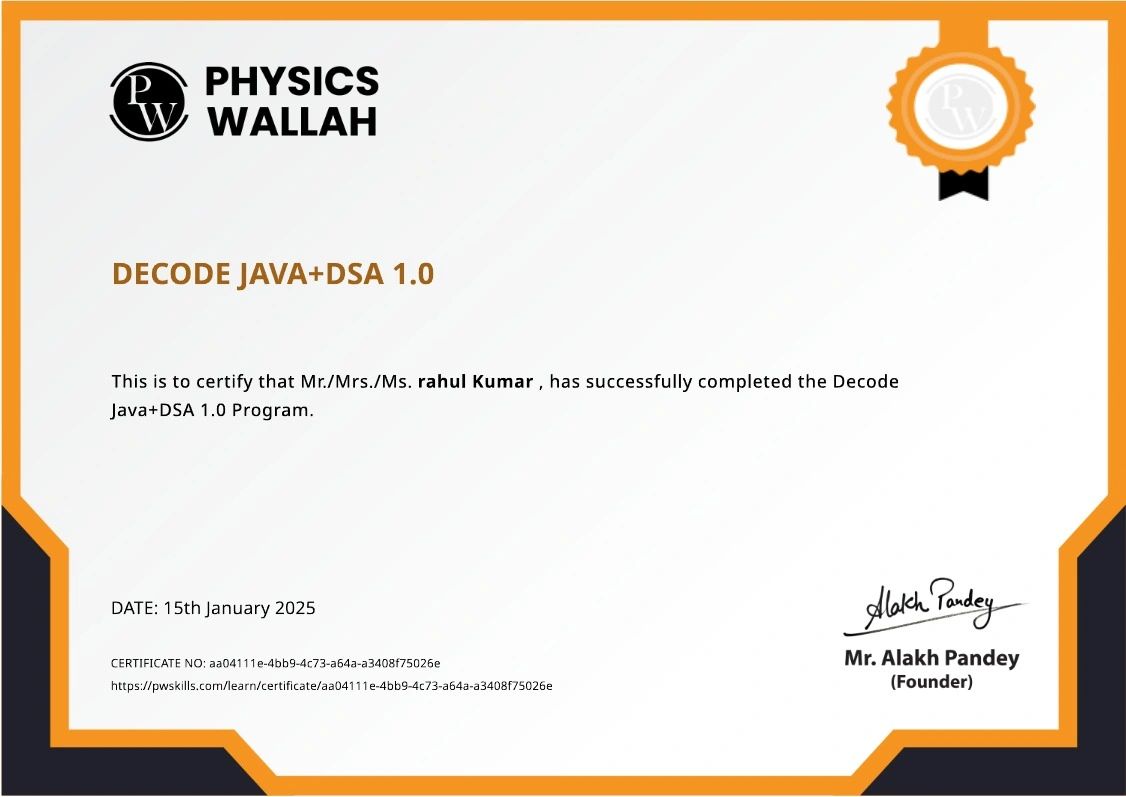 Rahul kumar on LinkedIn: #dsa #certification #physicswallah #learning Rahul kumar on LinkedIn: #dsa #certification #physicswallah #learning