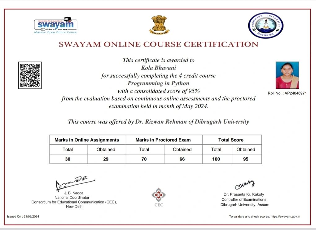 KOLA BHAVANI on LinkedIn: #cec #swayam #python KOLA BHAVANI on LinkedIn: #cec #swayam #python