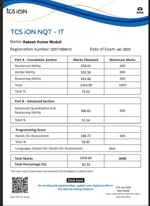 🚀 Excited to Share My TCS iON NQT - IT Results! | Rakesh Kumar Muduli 🚀 Excited to Share My TCS iON NQT - IT Results! | Rakesh Kumar Muduli