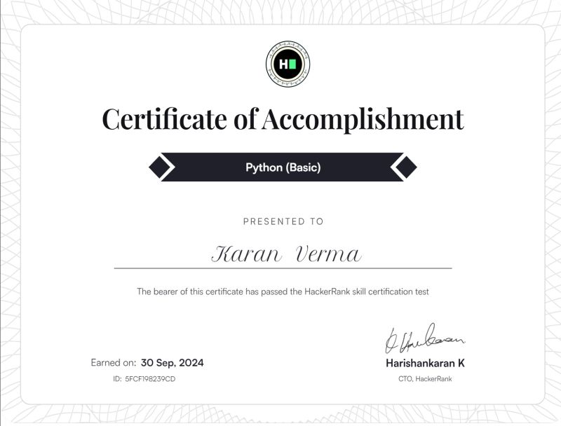 Karan Verma on LinkedIn: #python #coding #certification #hackerrank # ... Karan Verma on LinkedIn: #python #coding #certification #hackerrank # ...