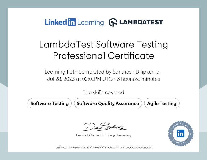 Santhosh Dilipkumar on LinkedIn: Certificate of Completion Santhosh Dilipkumar on LinkedIn: Certificate of Completion