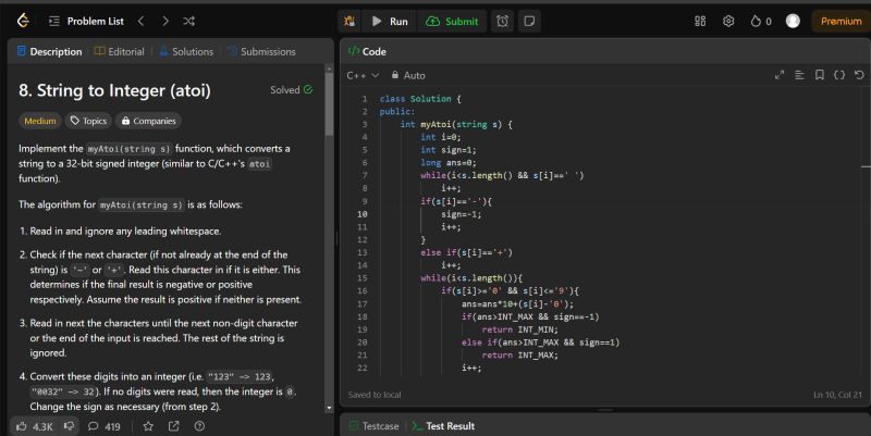 Day 47 of 100 days of code solved 1 question 1. String to integer(atoi ... Day 47 of 100 days of code solved 1 question 1. String to integer(atoi ...