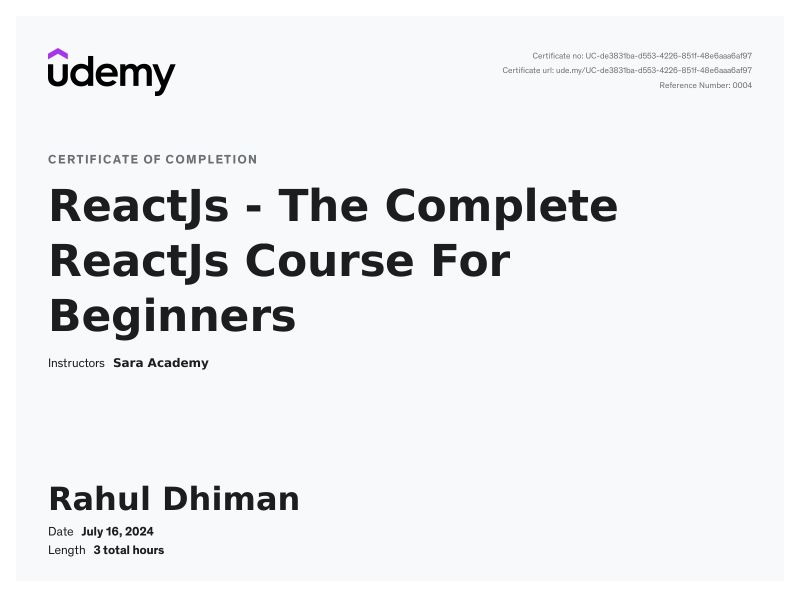 Completion of ReactJs course | Rahul Dhiman posted on the topic | LinkedIn Completion of ReactJs course | Rahul Dhiman posted on the topic | LinkedIn