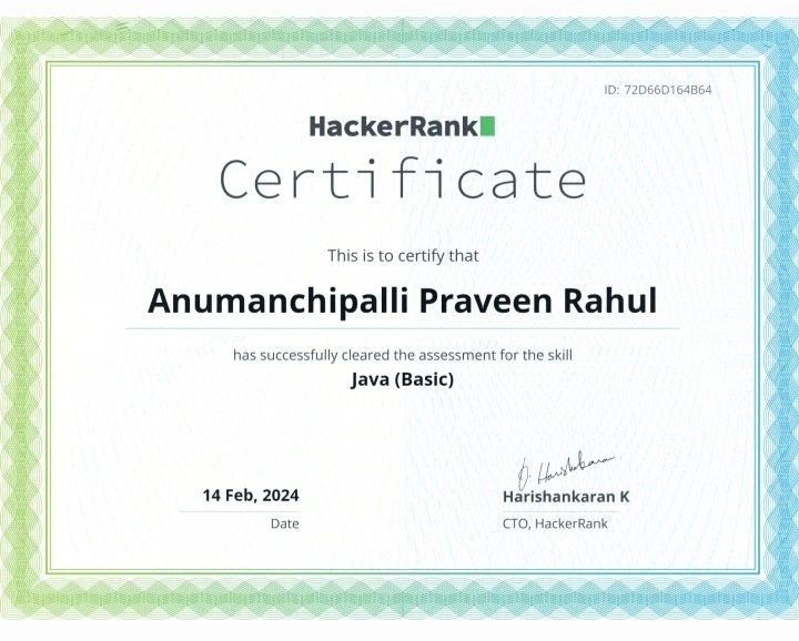 Anumanchipalli Praveen Rahul on LinkedIn: #hackerrank #java Anumanchipalli Praveen Rahul on LinkedIn: #hackerrank #java