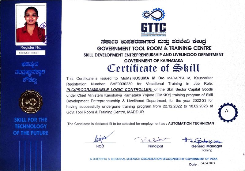 Certificate on PLC programming | Kusuma M Certificate on PLC programming | Kusuma M