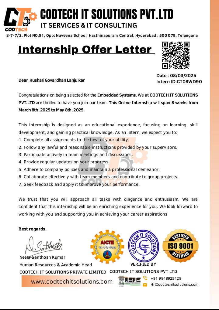 #codetech_it_solutions #internship #embeddedsystems | Rushali Lanjulkar #codetech_it_solutions #internship #embeddedsystems | Rushali Lanjulkar