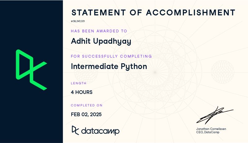 Adhit Upadhyay on LinkedIn: #python #datacamp #coding #learning #milestone Adhit Upadhyay on LinkedIn: #python #datacamp #coding #learning #milestone