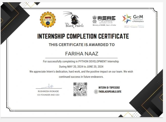Fariha Naaz on LinkedIn: #internship #completion #blackpearls #grateful Fariha Naaz on LinkedIn: #internship #completion #blackpearls #grateful