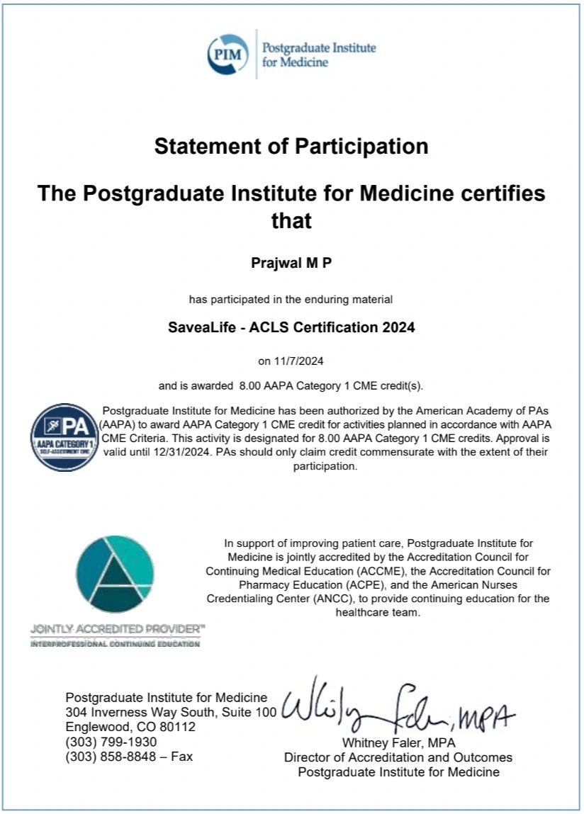 Prajwal M P on LinkedIn: Certificate of ACLS - Postgraduate institute ... Prajwal M P on LinkedIn: Certificate of ACLS - Postgraduate institute ...