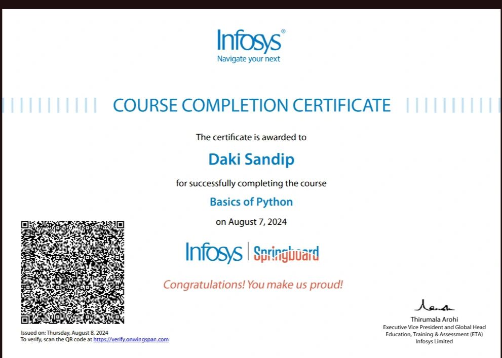 Completed python course with infosys | Daki Sandeep posted on the topic ... Completed python course with infosys | Daki Sandeep posted on the topic ...