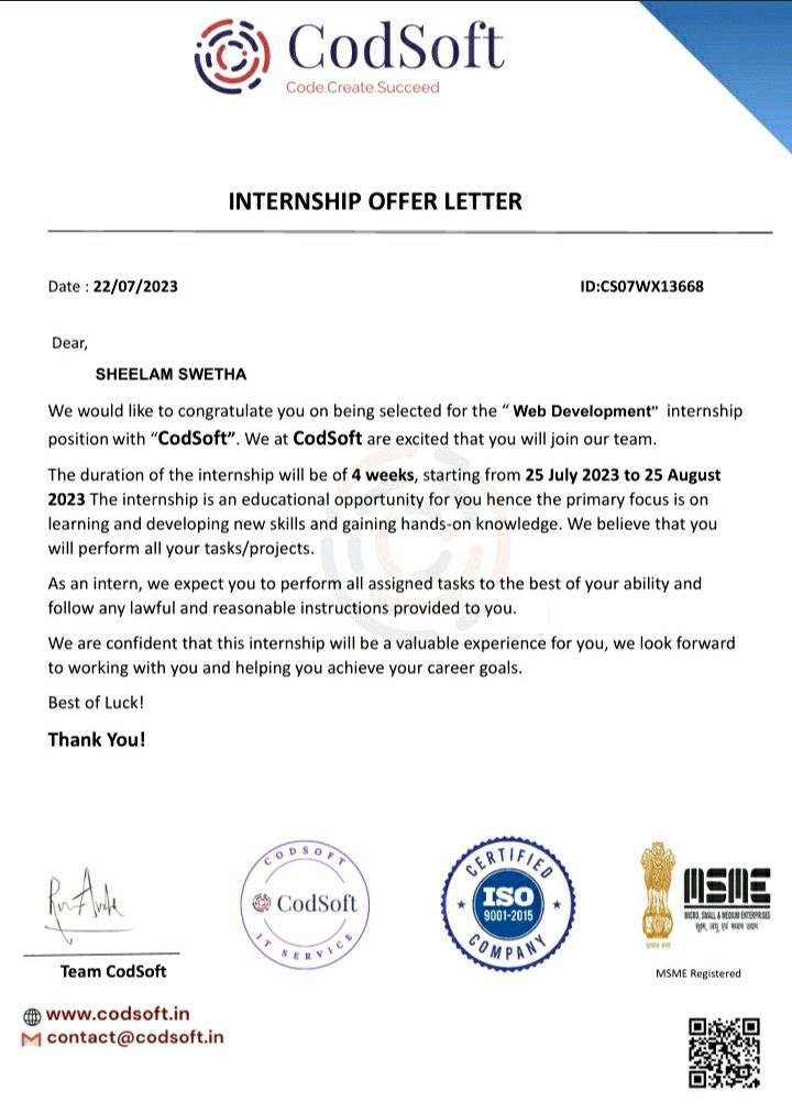 SWETHA SHEELAM on LinkedIn: #codsoft #webdevelopment #internship # ... SWETHA SHEELAM on LinkedIn: #codsoft #webdevelopment #internship # ...
