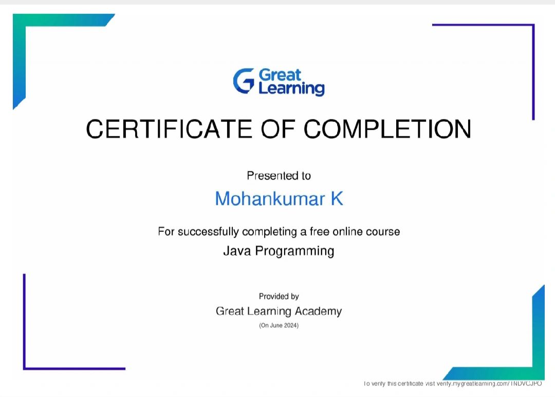Completed Java Programming Course on Great Learning | Mohankumar K ... Completed Java Programming Course on Great Learning | Mohankumar K ...