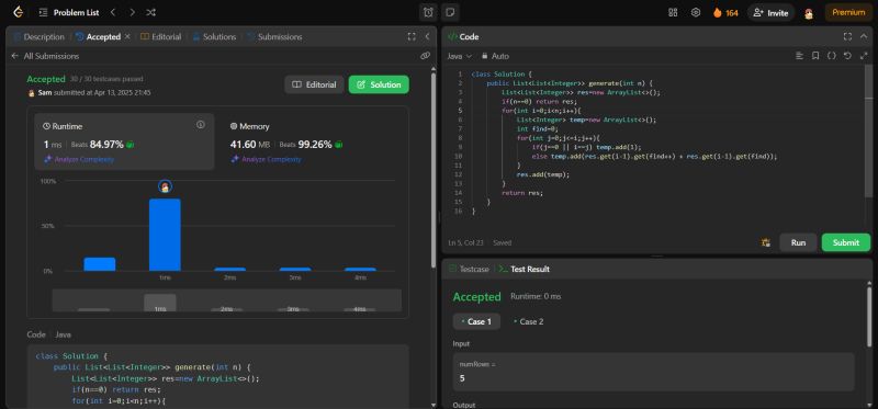 #100daysofcode #leetcode #javadev #pascaltriangle #dynamicprogramming ... #100daysofcode #leetcode #javadev #pascaltriangle #dynamicprogramming ...