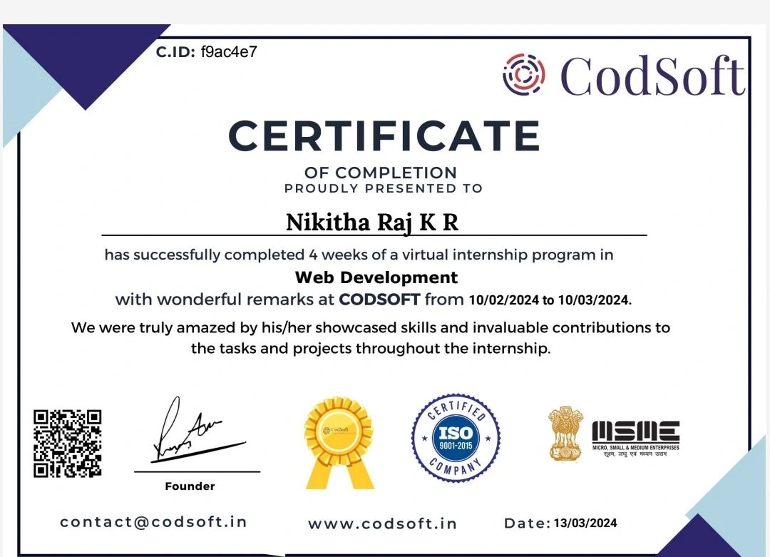 #codsoft #webdevelopment #internship | Nikitha Raj K R #codsoft #webdevelopment #internship | Nikitha Raj K R