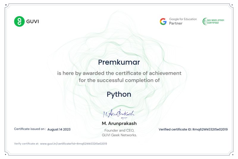 #guvi #python #pythonprogramming #pythondeveloper | Premkumar G #guvi #python #pythonprogramming #pythondeveloper | Premkumar G