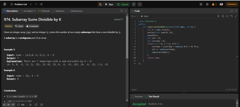 Day 26 of Leetcode challenge: Subarray Sums Divisible | Abhinav Soni ... Day 26 of Leetcode challenge: Subarray Sums Divisible | Abhinav Soni ...