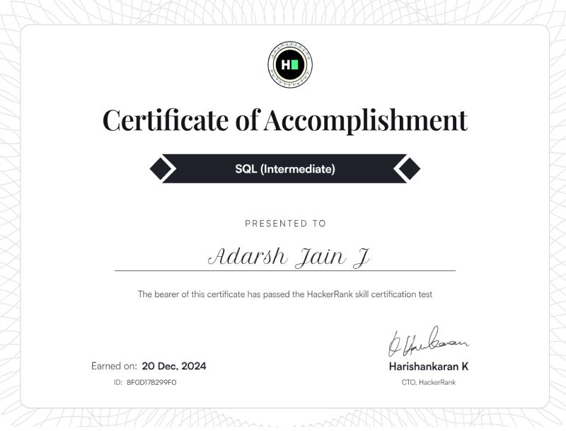 Adarsh Jain J on LinkedIn: #sql #dataanalytics #certification #hackerrank Adarsh Jain J on LinkedIn: #sql #dataanalytics #certification #hackerrank