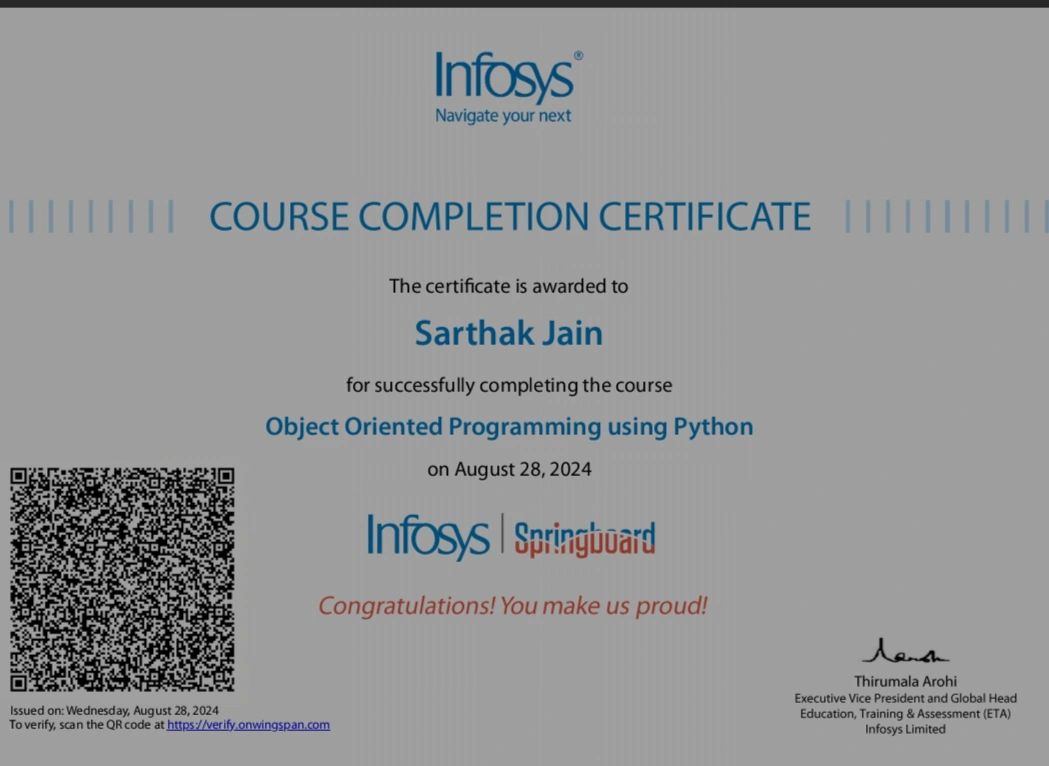 Sarthak Jain on LinkedIn: #infosys #certificate #python Sarthak Jain on LinkedIn: #infosys #certificate #python