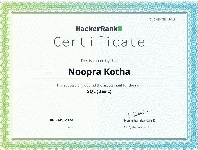 Noopra Kotha on LinkedIn: #sql #hackerrank #certificate Noopra Kotha on LinkedIn: #sql #hackerrank #certificate