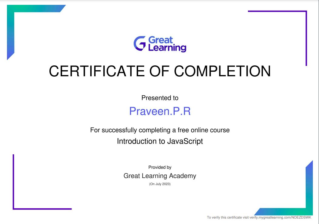 Praveen P R on LinkedIn: Completed an intermediate JavaScript course ... Praveen P R on LinkedIn: Completed an intermediate JavaScript course ...