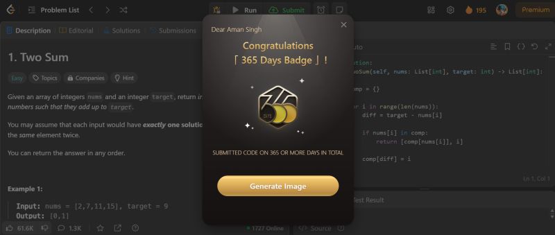 500+ Problems Solved 💻 | 365 Days🔥 on LeetCode | Aman Singh 500+ Problems Solved 💻 | 365 Days🔥 on LeetCode | Aman Singh