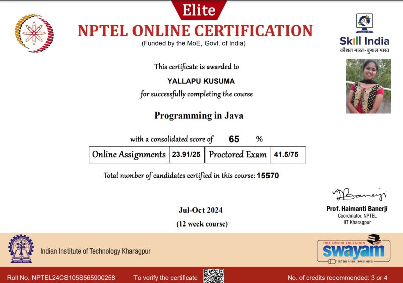YALLAPU KUSUMA on LinkedIn: #elite #nptel #javaprogramming YALLAPU KUSUMA on LinkedIn: #elite #nptel #javaprogramming