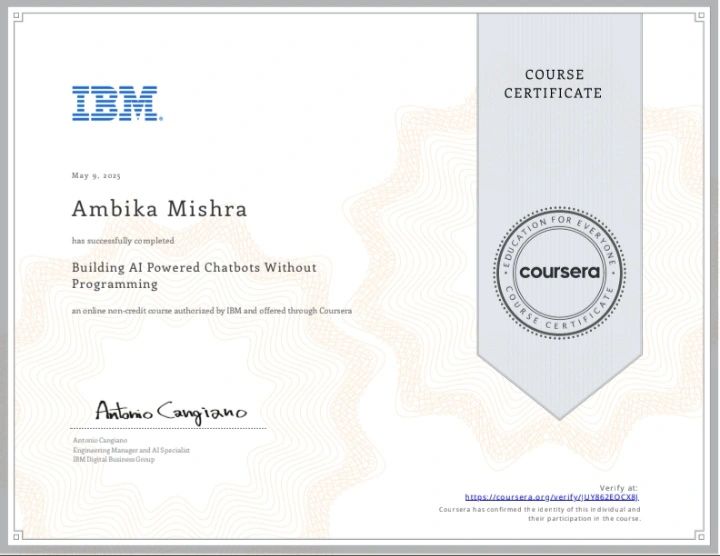 #ai #chatbots #ibmcertified #coursera #lifelonglearning… | Ambika Mishra #ai #chatbots #ibmcertified #coursera #lifelonglearning… | Ambika Mishra